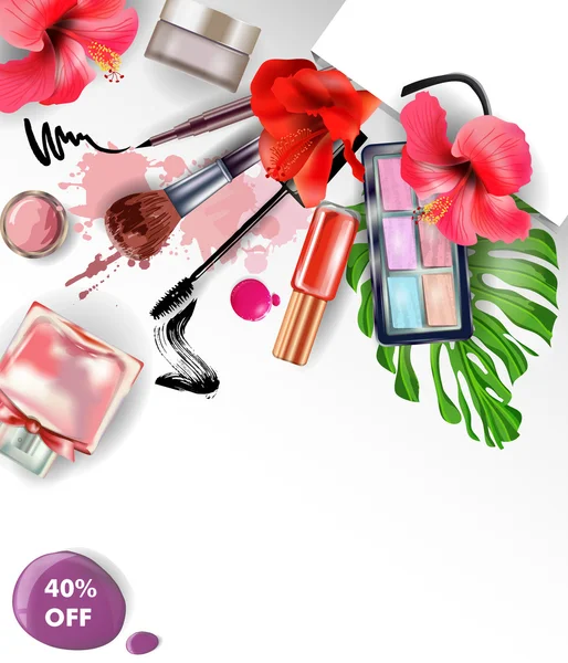 Cosmetic product, Foundation, concealer, creamwith lipstick and flowers ...