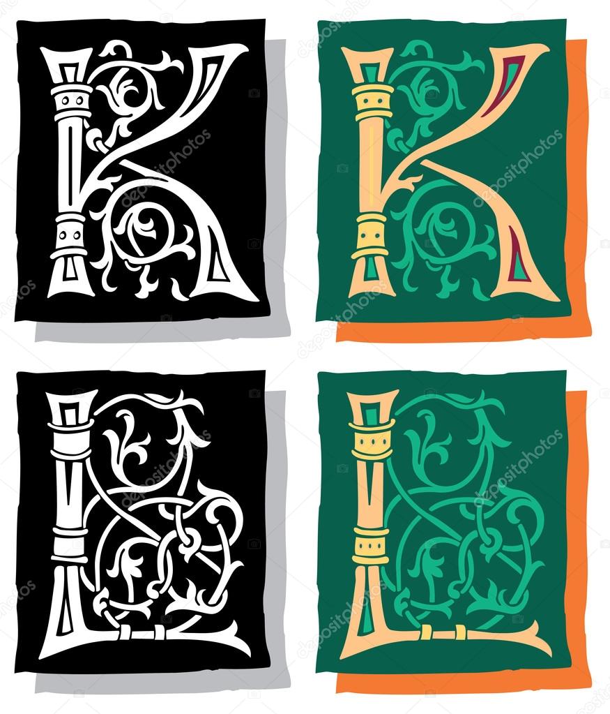 Medieval style English alphabet letters, K and L, mono and color ...