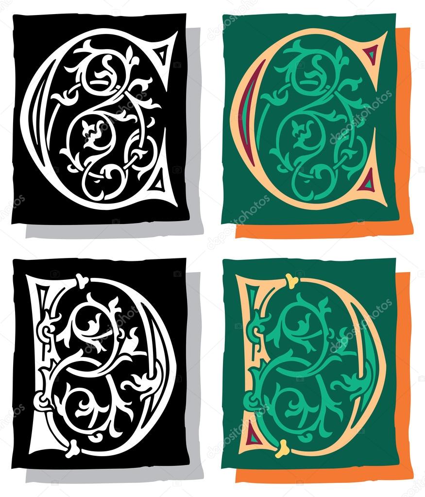 Medieval style English alphabet letters, C and D, mono and color Stock ...