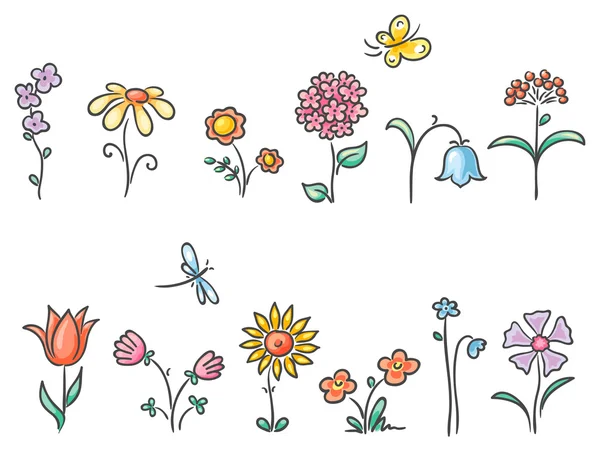 Cartoon nature set with trees, flowers, berries and small forest ...