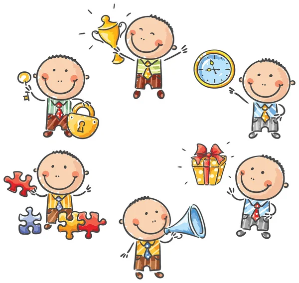 Set of cartoon kids holding different objects, outline illustration ...