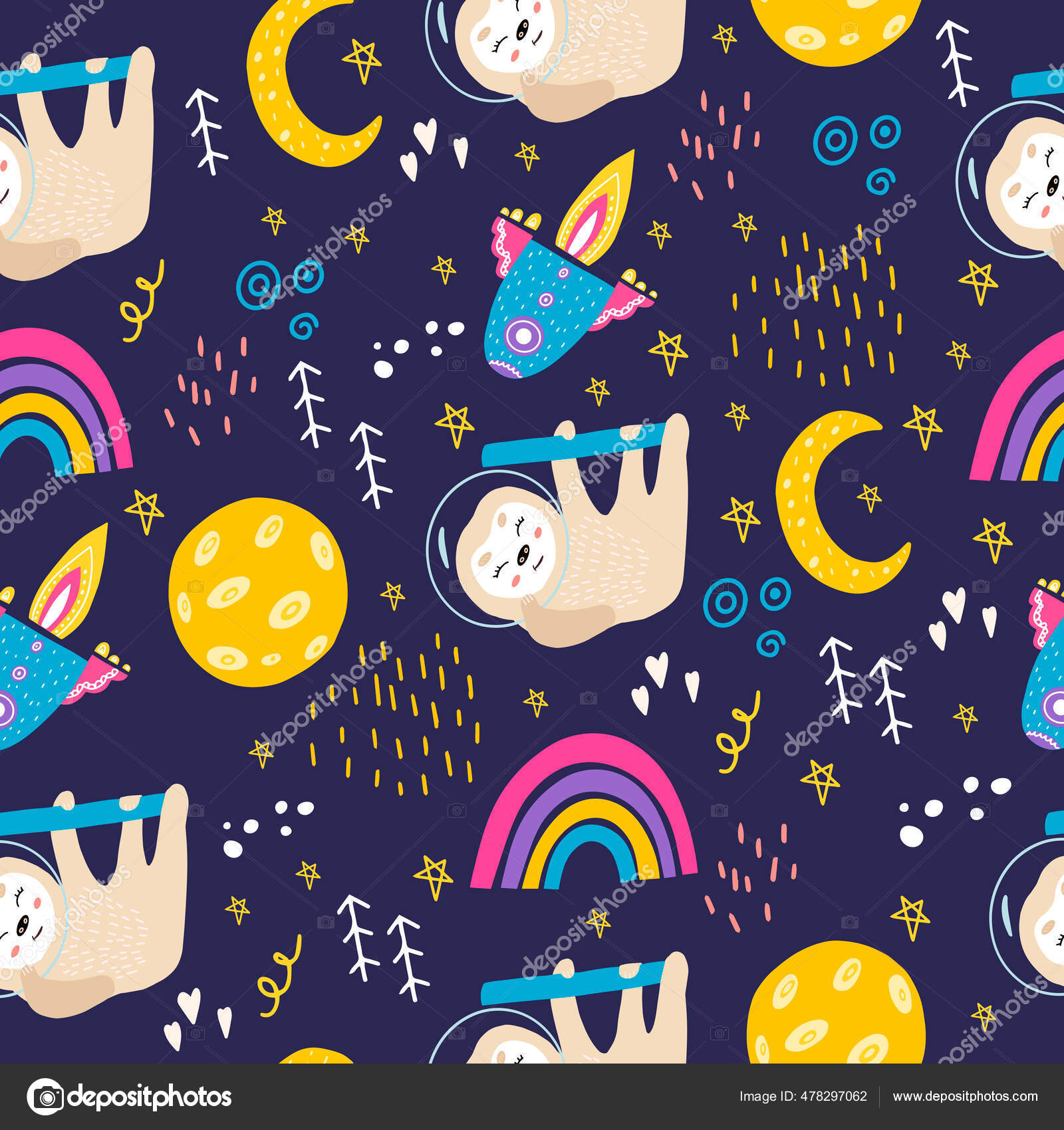Seamless Pattern Sloth Moon Stars Space Rainbow Cute Sloth Space Stock ...
