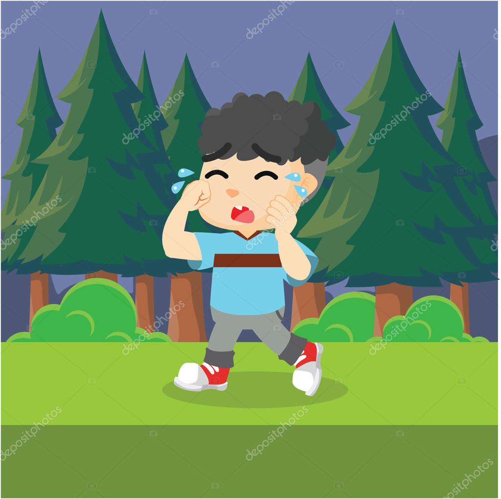 Boy cry lost in forest Stock Vector by ©funwayillustration 106419252