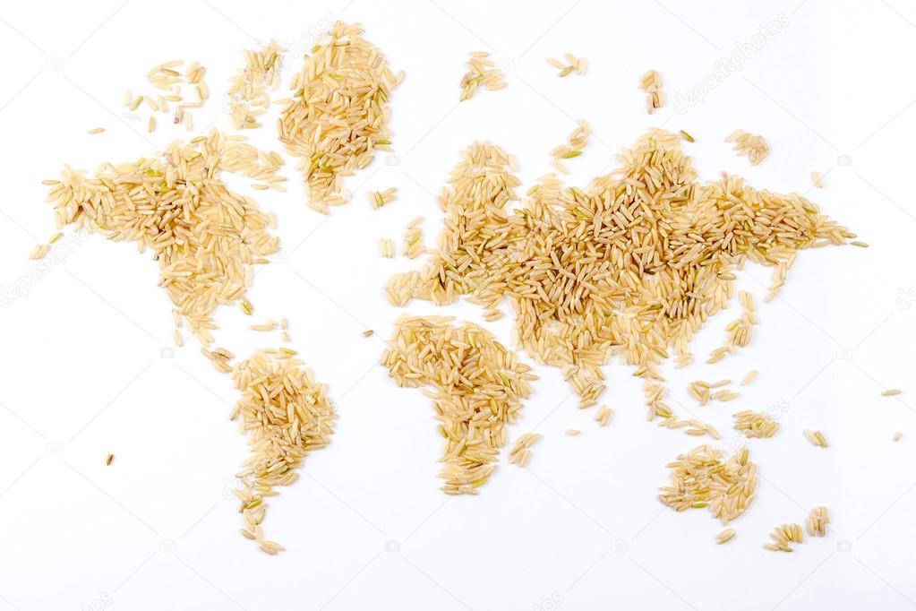 Map of the world made of raw natural rice on white background Stock ...