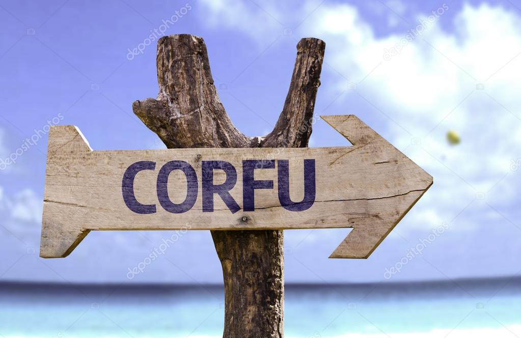 Corfu wooden sign — Stock Photo © gustavofrazao #54771169