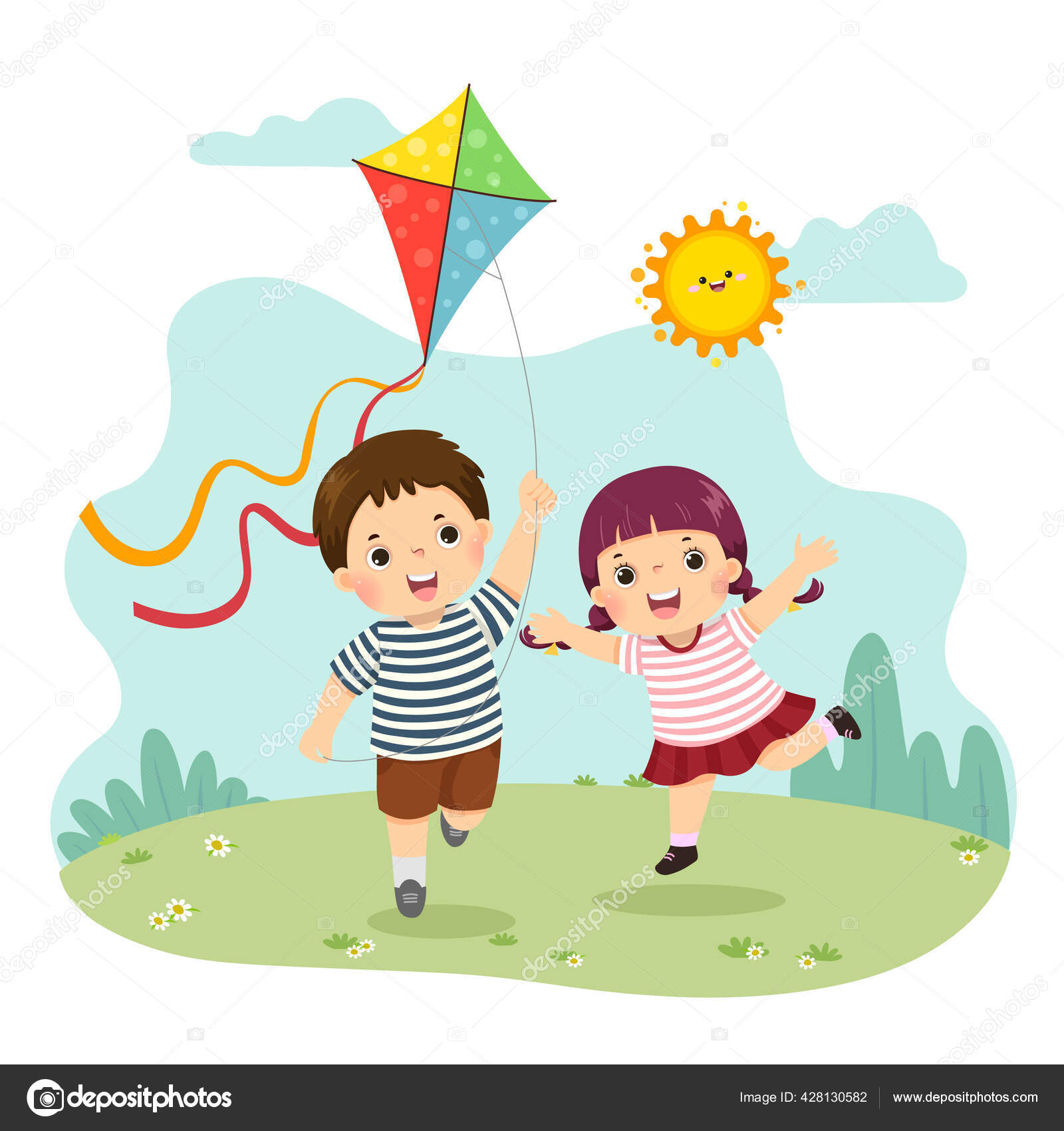 Dibujos Animados Ilustración Vectorial Niño Una Niña Volando Cometa ...