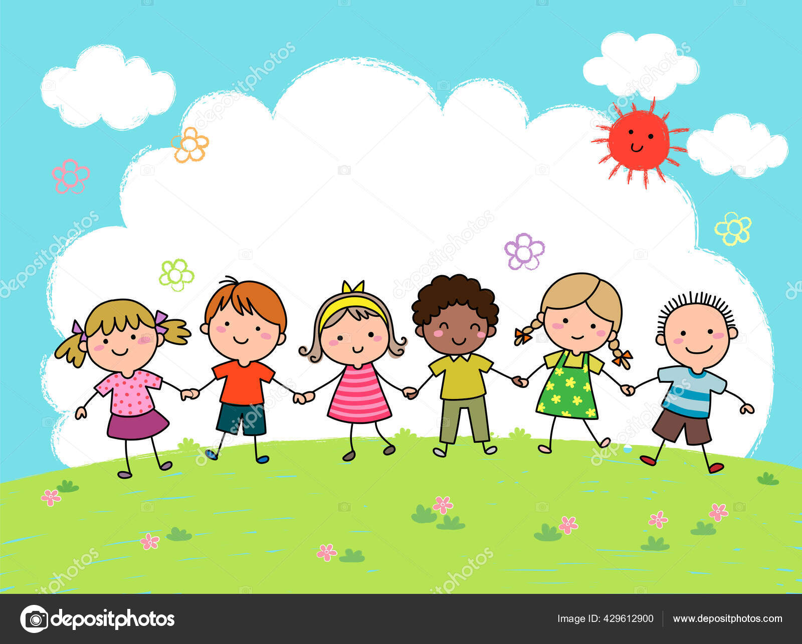 Copii Desene Animate Trase Mână Ținându Mâini Împreună Aer Liber Vector ...