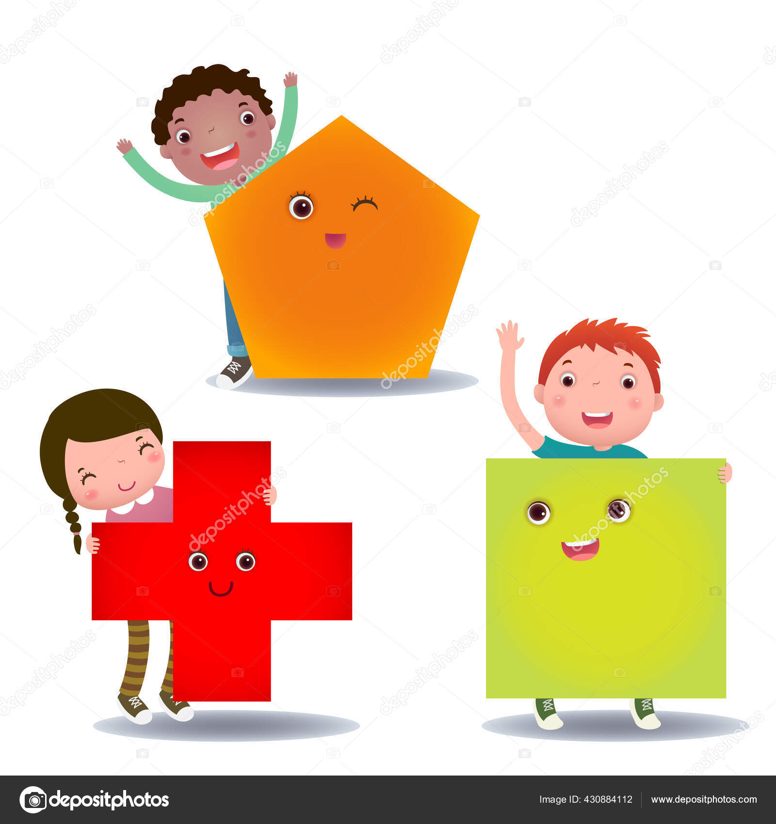 Cute Little Cartoon Kids Basic Shapes Square Cross Pentagon Stock ...