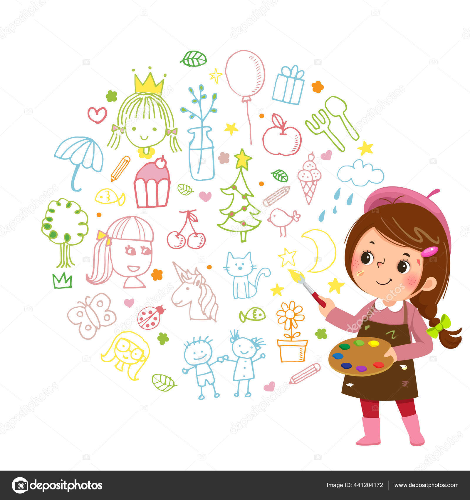 Vector Illustration Cartoon Little Girl Artist Painting Paints Color Brush Stock Vector Image by ...