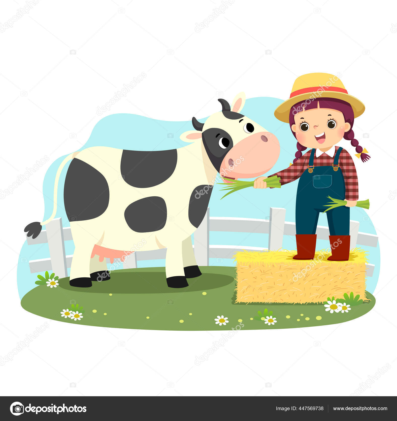 Dibujos Animados Ilustración Vectorial Niña Paca Heno Alimentando Vaca ...