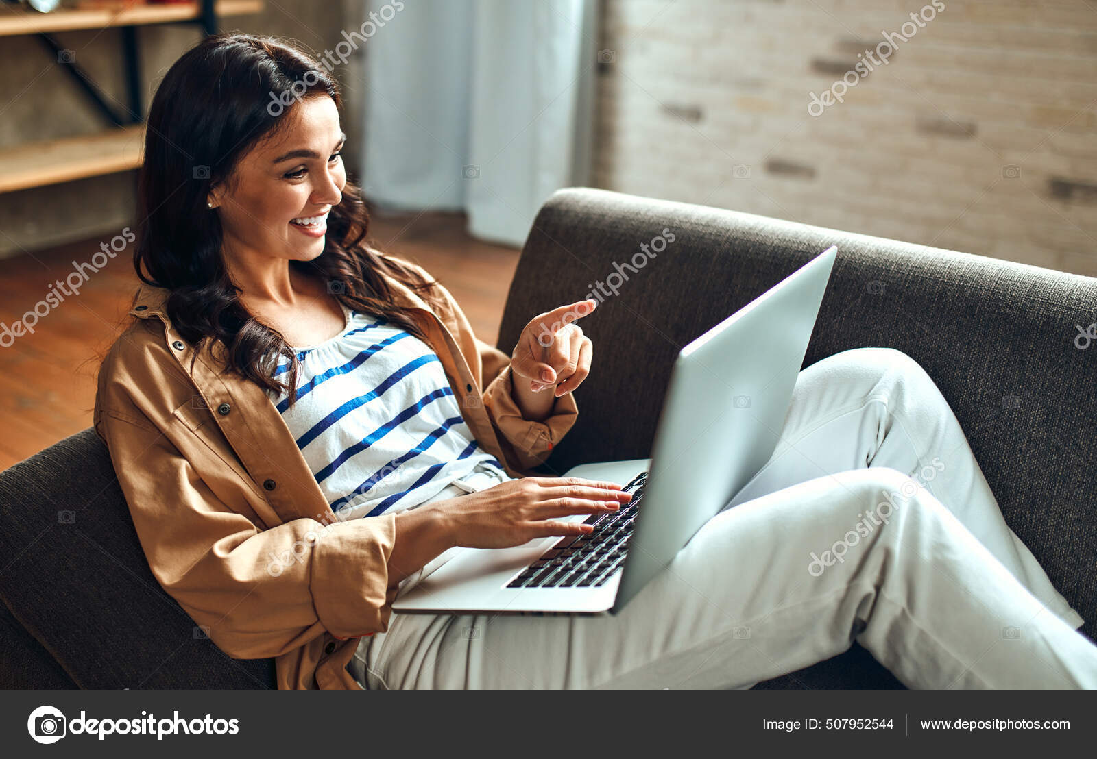 Woman Sitting Couch Laptop Living Room Home Video Conference Work ...