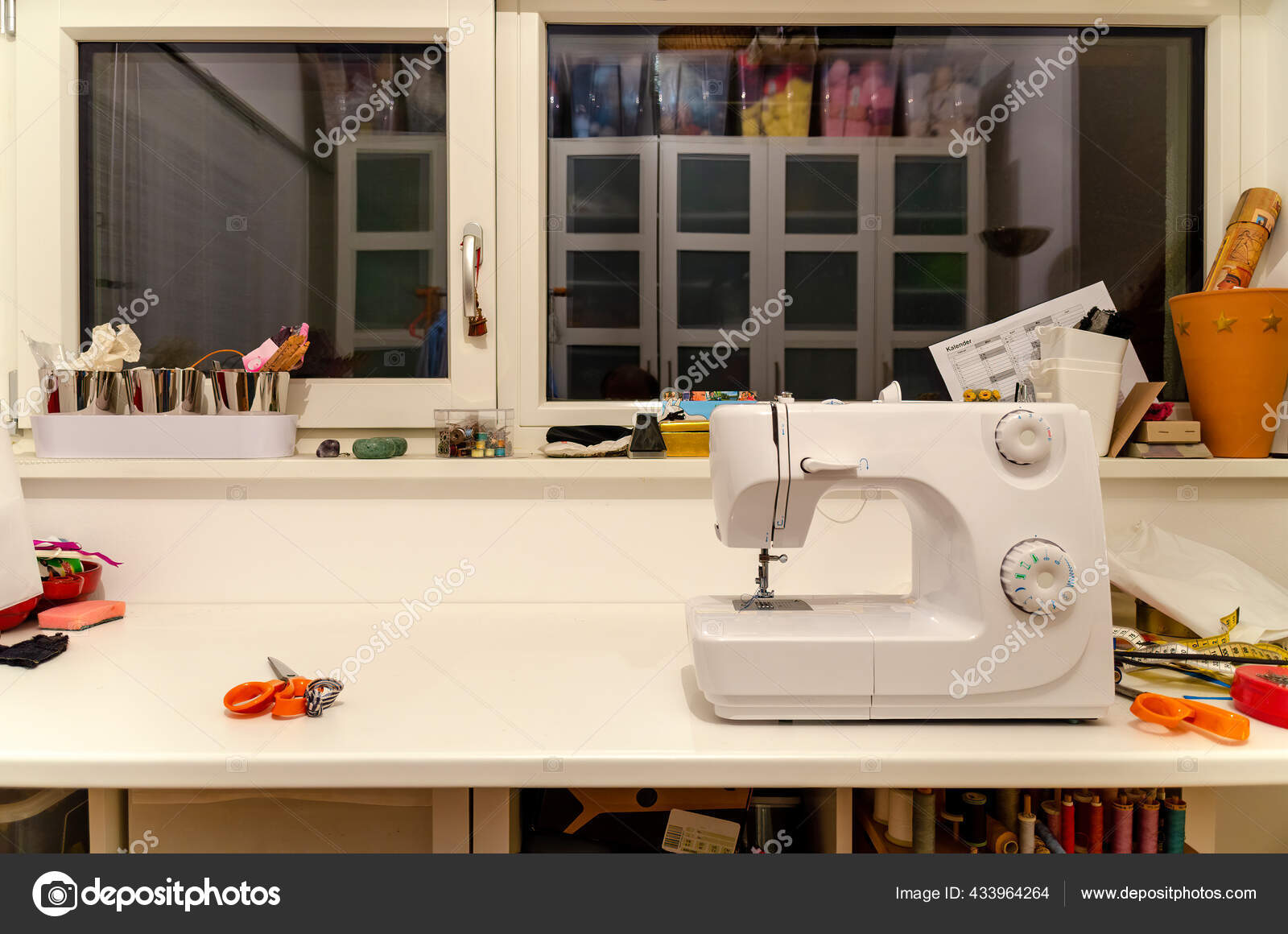 Working Table Female Dressmaker Sewing Machine Some Utensils Stock ...