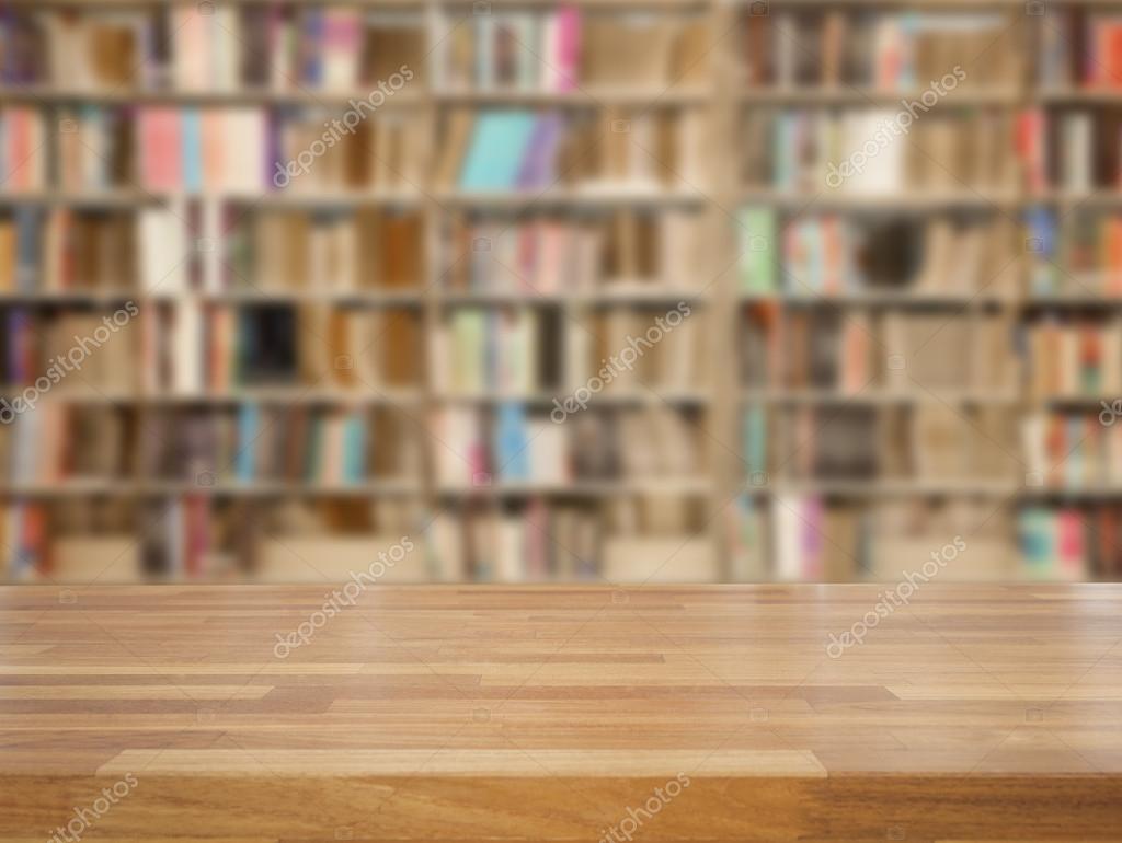 Empty wooden table and modern library background — Stock Photo ...