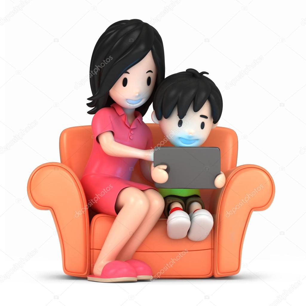 Mother and son using tablet Stock Illustration by ©gouraudstudio #54866019