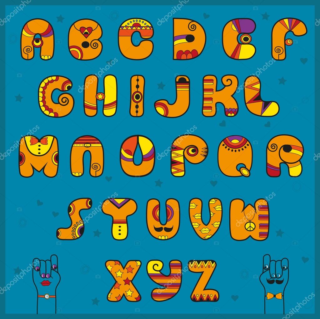 Alfabeto al estilo indio. Cartas naranjas graciosas Vector de stock por ...