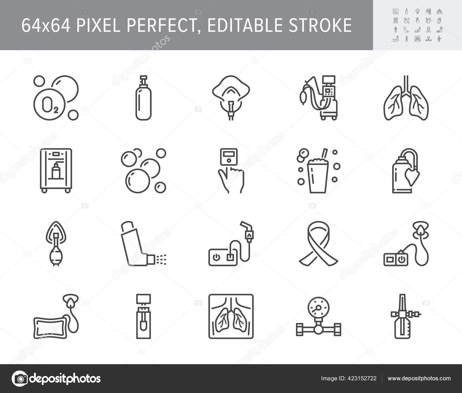 氧气线图标。病媒图解包括图标麻醉面罩,呼吸机,图标,人工肺通气,雾化器轮廓象形文字医院.64x64 Pixel完美可编辑中风 图库矢量图© ...