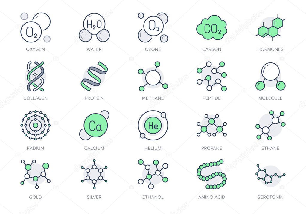 Iconos de línea molecular. Ilustración vectorial incluye icono aminoácido, péptido, hormona ...