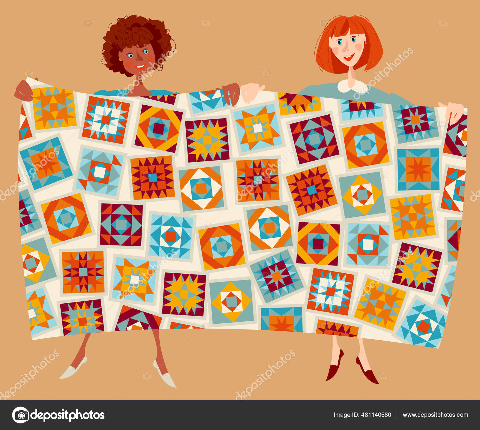 Two Women Show Multi Colored Quilt Patchwork Quilting Stock Vector by ...