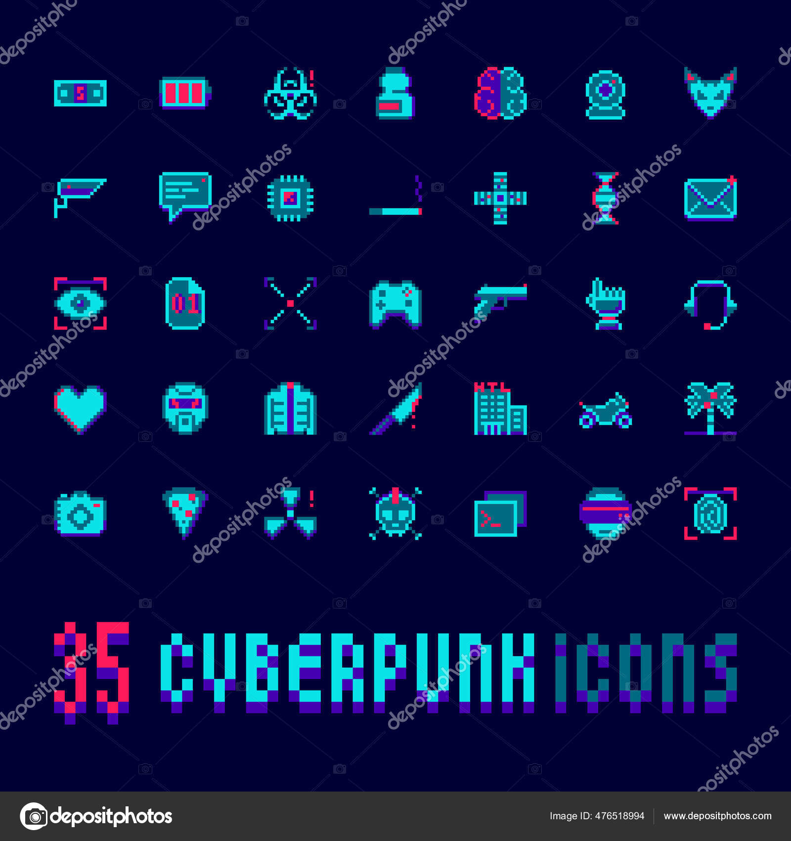 Cyberpunk Pixel Art Vector Icons Set Neon Futuristic Elements High ... Cyberpunk Pixel Art Vector Icons Set Neon Futuristic Elements High ...