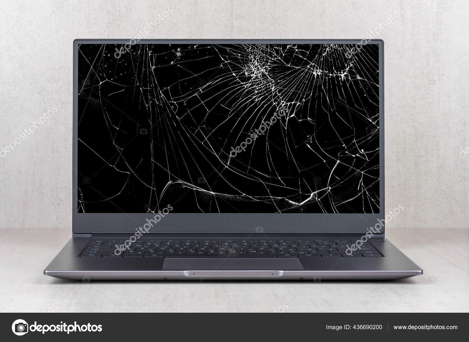 Laptop Broken Screen Cracks Gray Background Close Front View — Stock ...