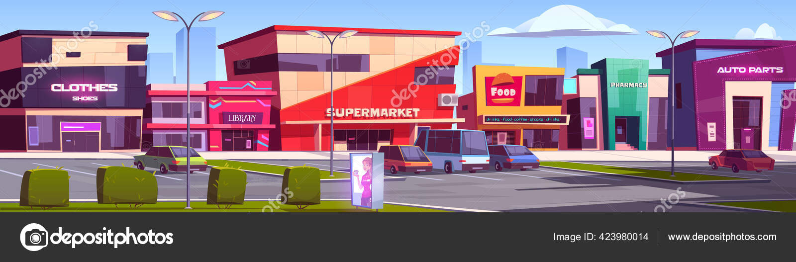 Store buildings, shopping area with parking area Stock Vector Image by ...