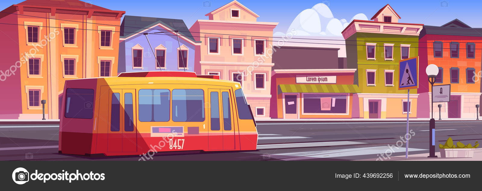 Tram riding on retro city street vintage cityscape Stock Vector by ...