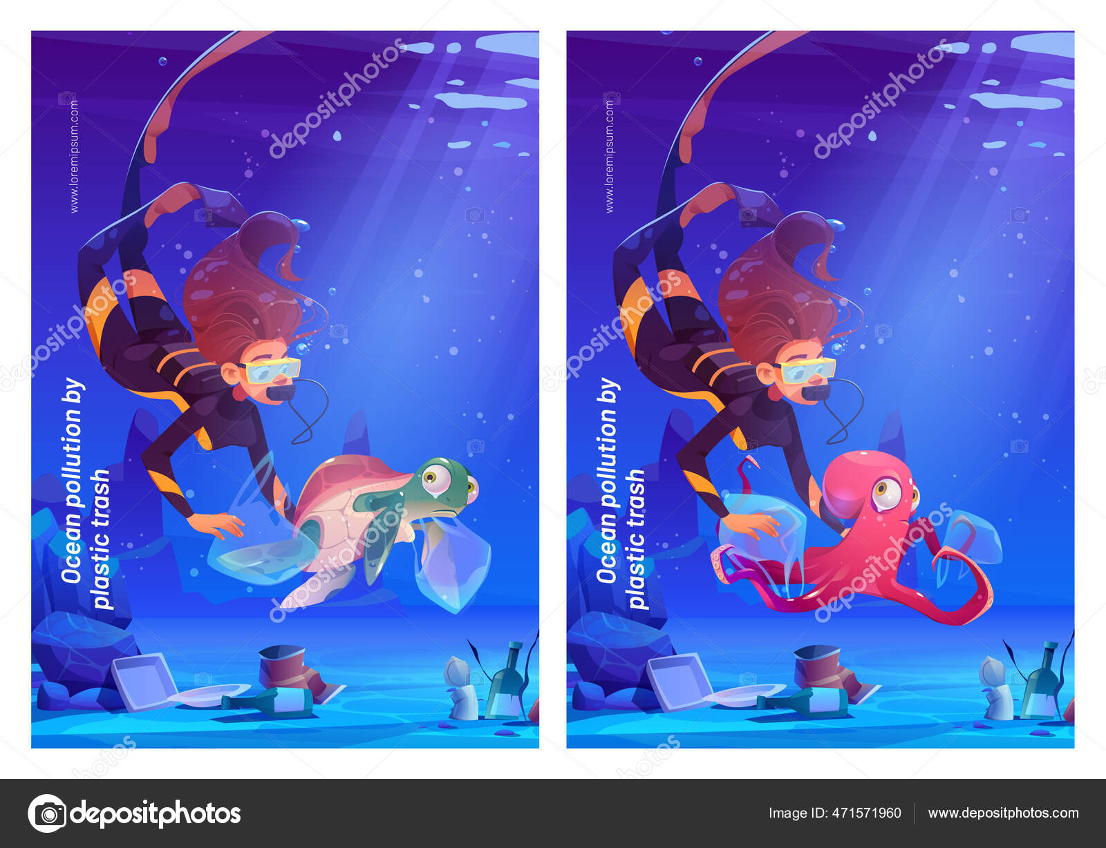 Ocean pollution with plastic trash cartoon posters Stock Vector Image ...