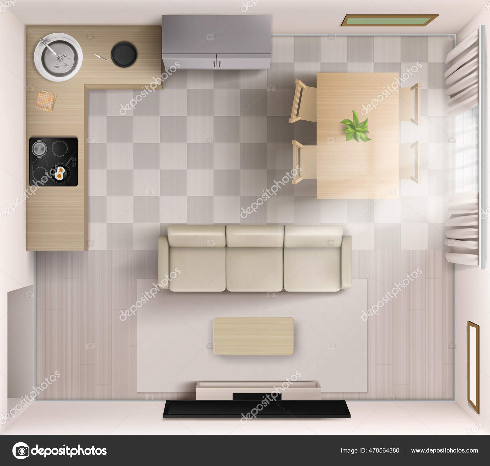 Studio room interior top view, sofa, tv and table Stock Vector by ...