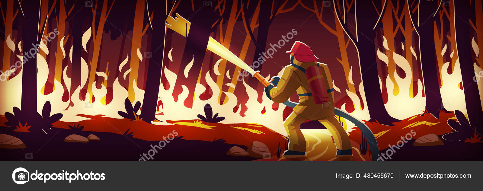 Fireman fight with fire in forest, catastrophe Stock Vector by ...