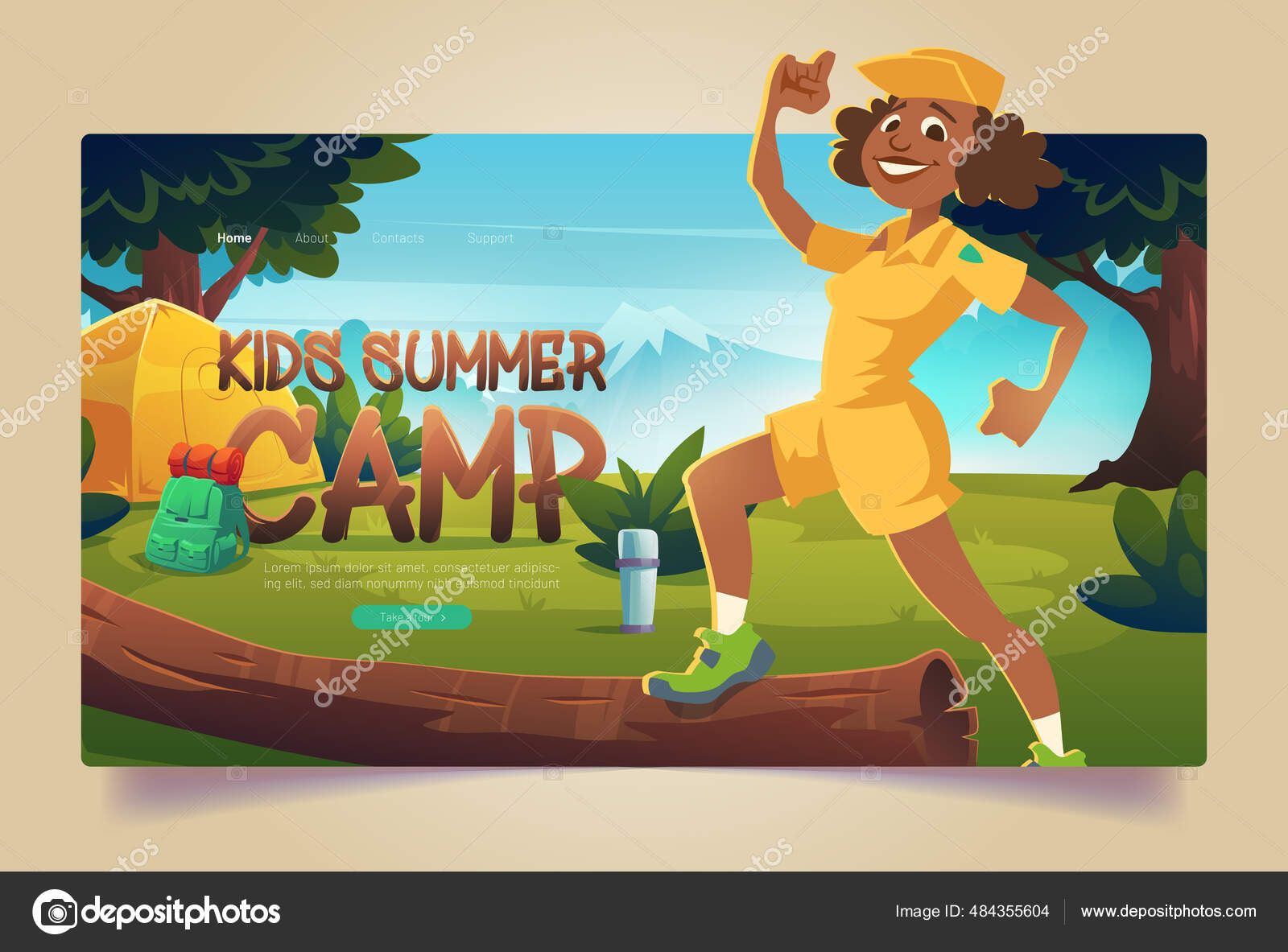 Kids summer camp cartoon landing with counselor Stock Illustration by ...