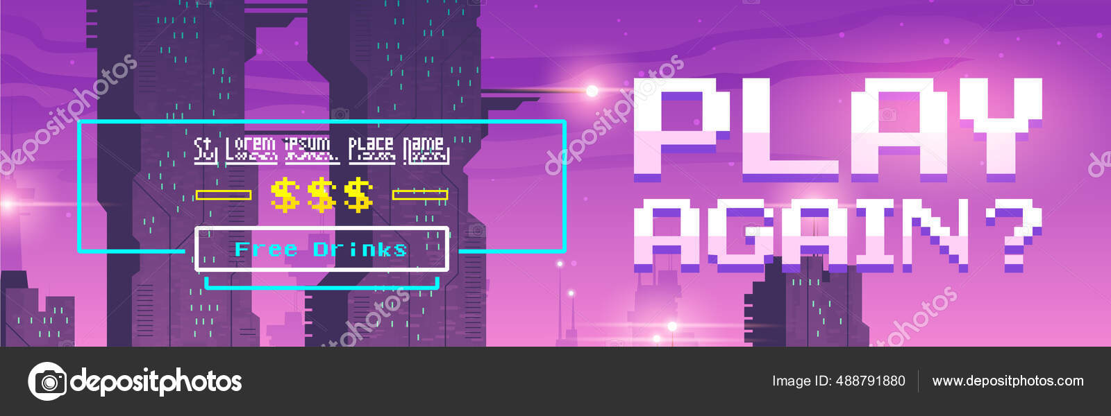 Play again pixel art cartoon web banner for game Stock Vector by ...