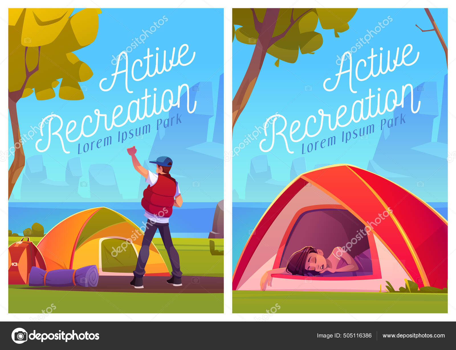 Active recreation cartoon posters, tourists at cam Stock Vector Image ...