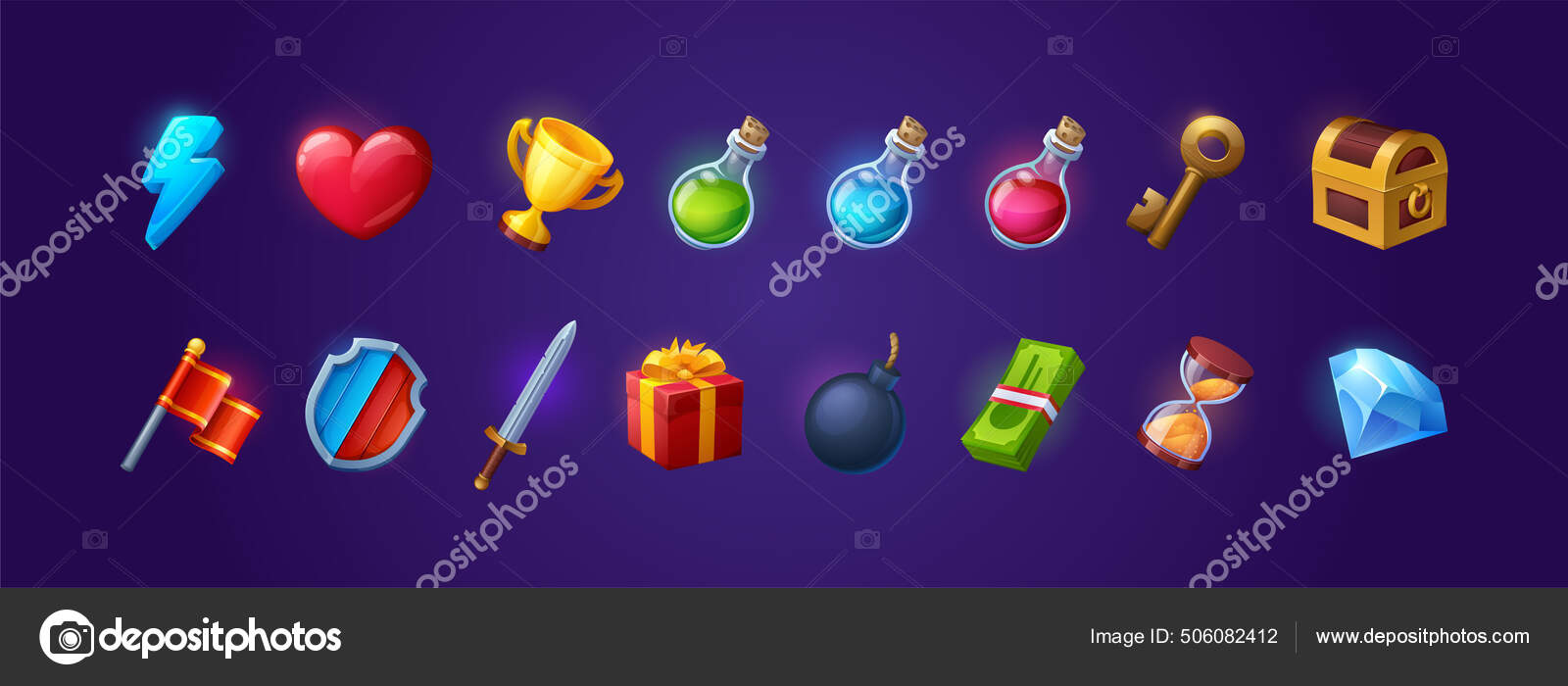 Set of game icons, shield, sword, flash and heart Stock Vector by ...