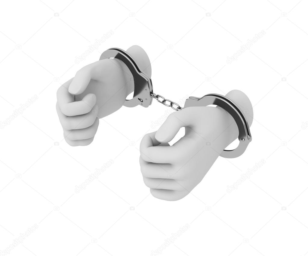 White hands in steel handcuffs. 3d render. White background. — Stock ...