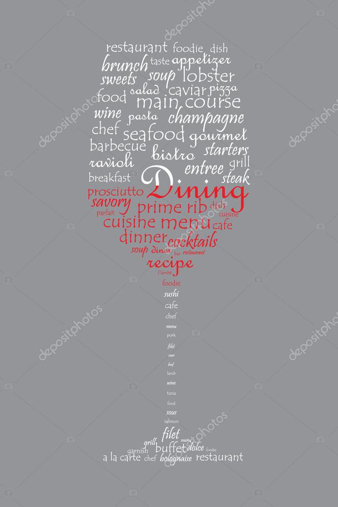 Food and dining concept on a wine glass shaped word collage Stock ...