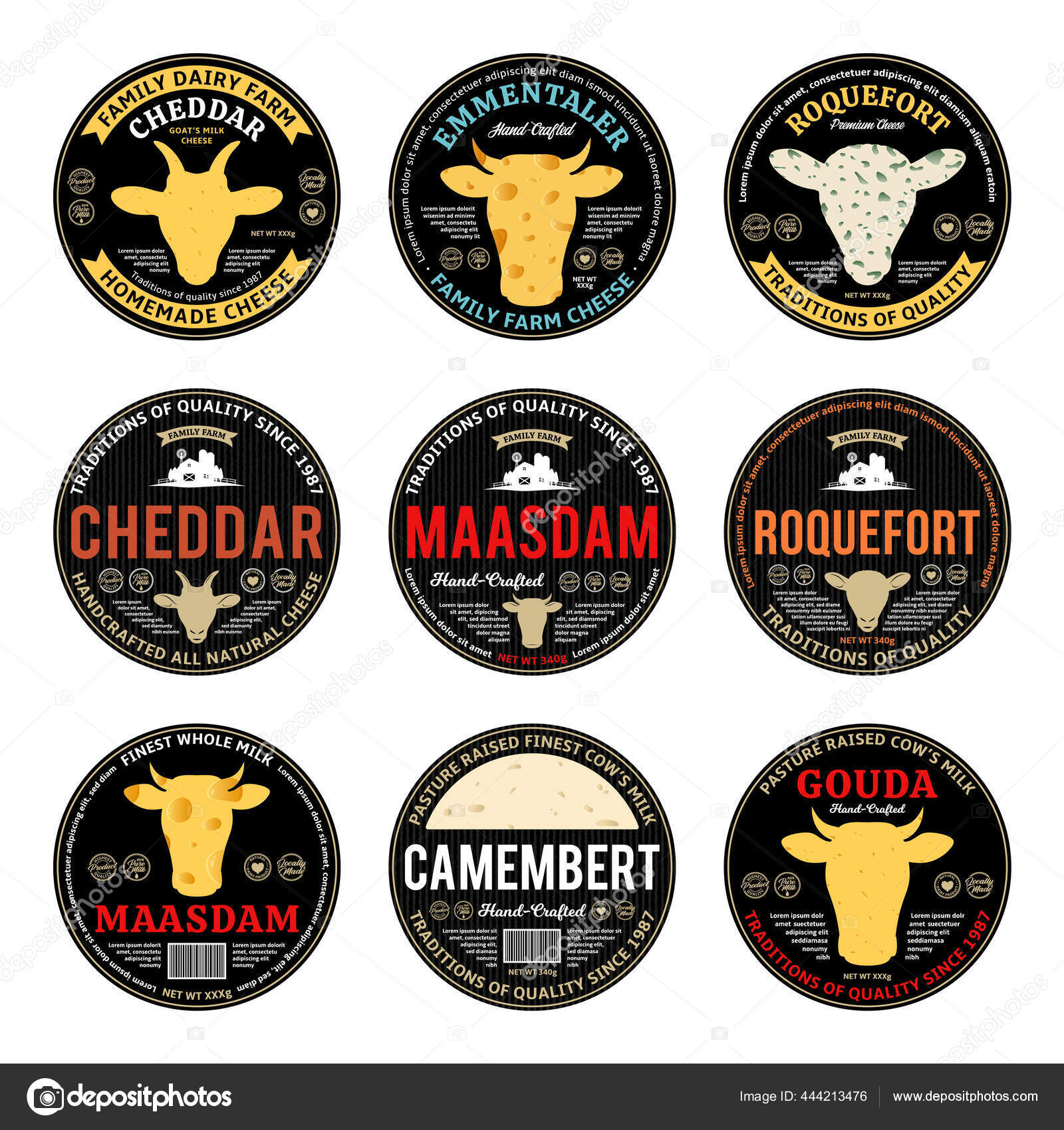 Set Vector Cheese Labels Packaging Design Elements Different Types ...