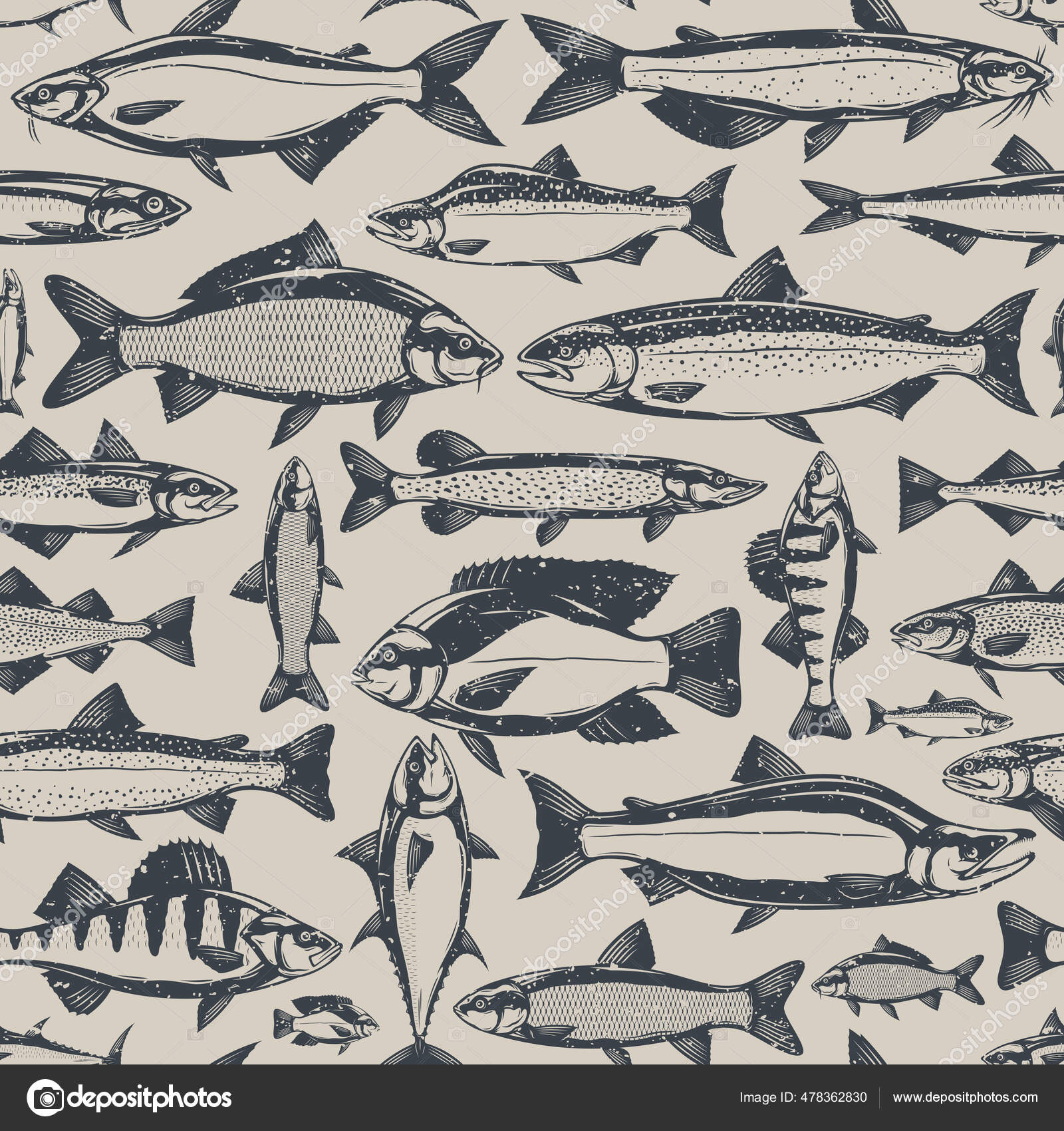 Vector Fish Retro Styled Seamless Pattern Background Fish Illustration ...