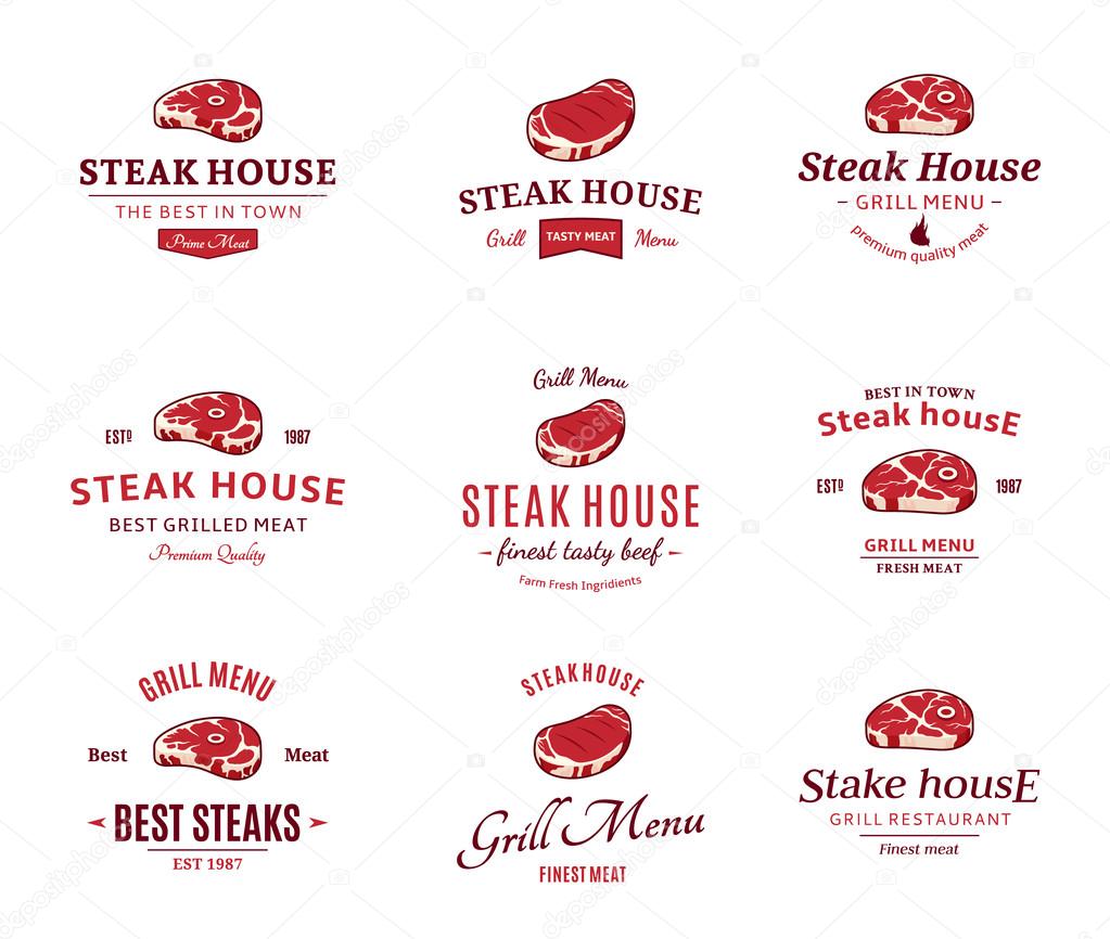 Grill Steak Logos, Labels, and Design Elements. Steaks for BBQ and ... Grill Steak Logos, Labels, and Design Elements. Steaks for BBQ and ...