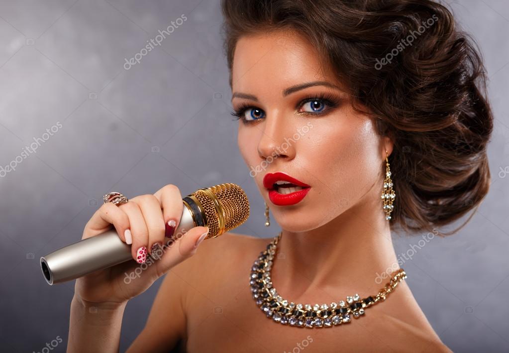 Singing Woman with Microphone.Glamour Singer Girl Portrait. Karaoke ...