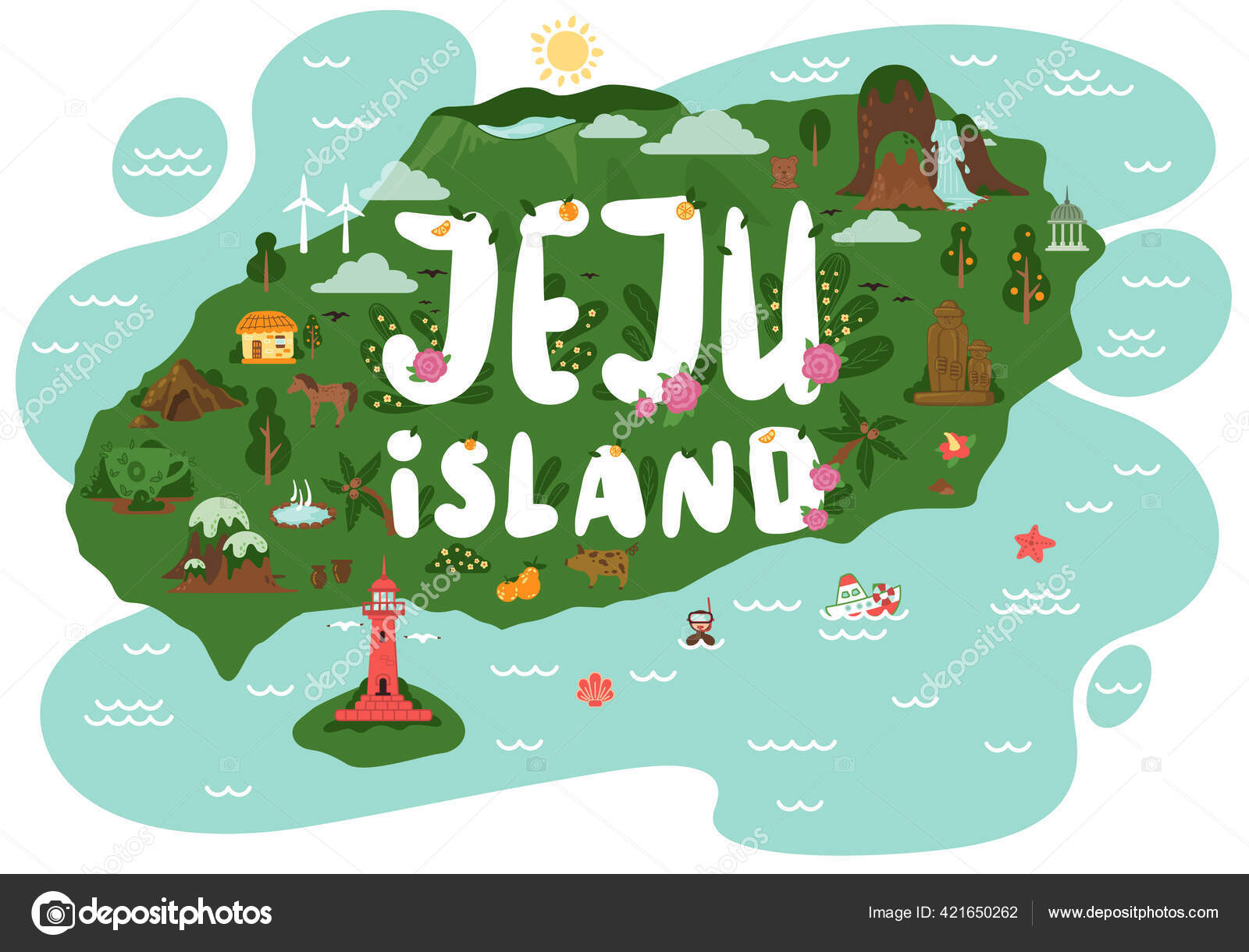 Welcome to Jeju. Set of Jeju tourist attractions such as hallim park ...
