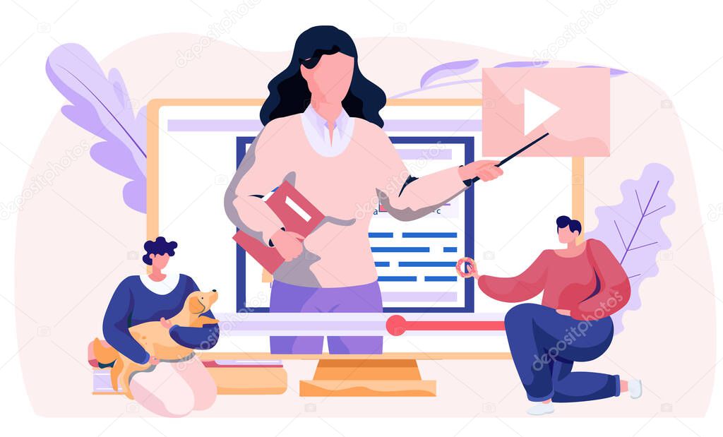 Mujer entrenando a un perro comandos b sicos con video tutorial en la ilustraci n de vectores ...