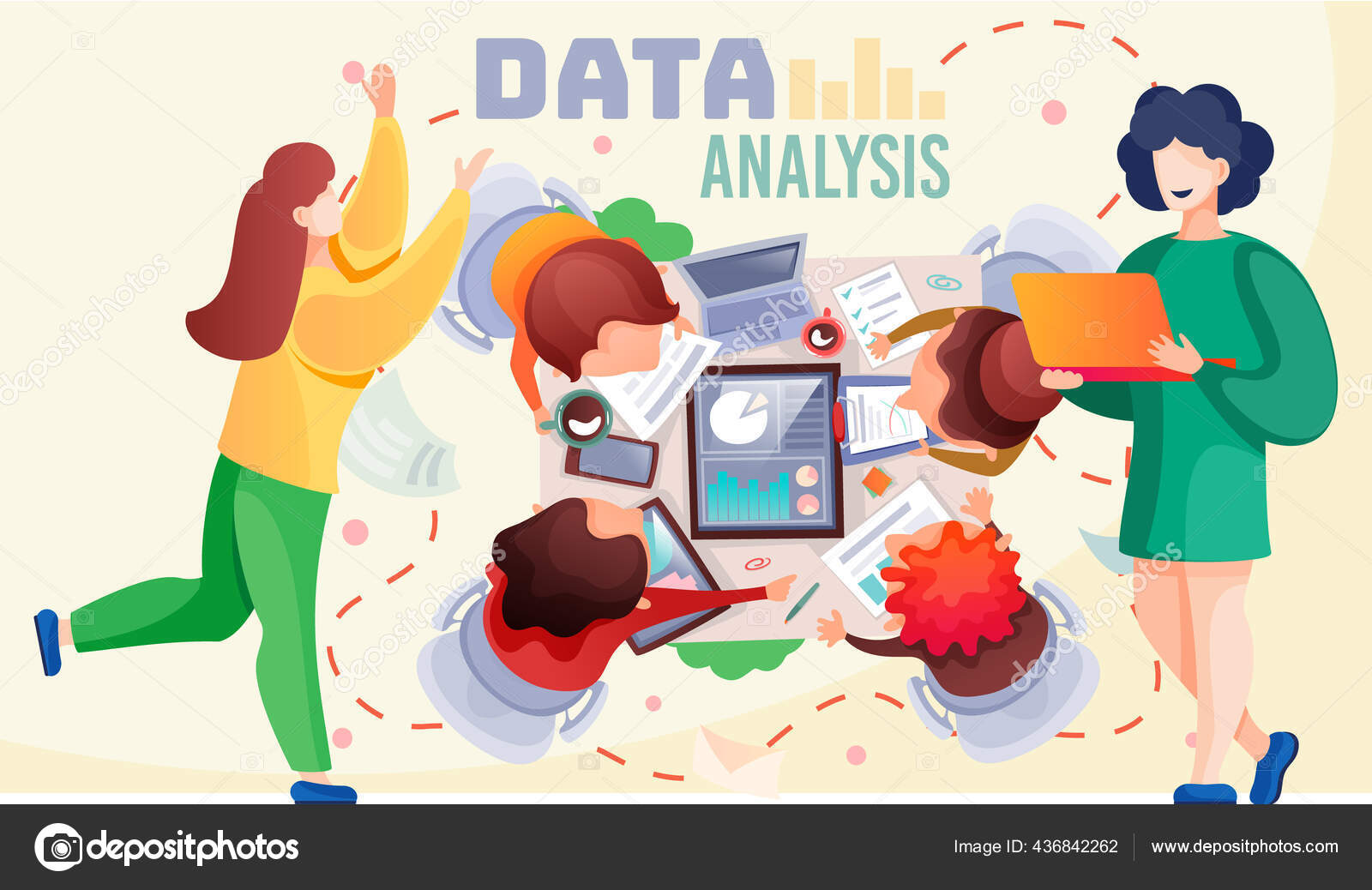 Data analysis teamwork. A team of analysts holds a meeting and develops ...