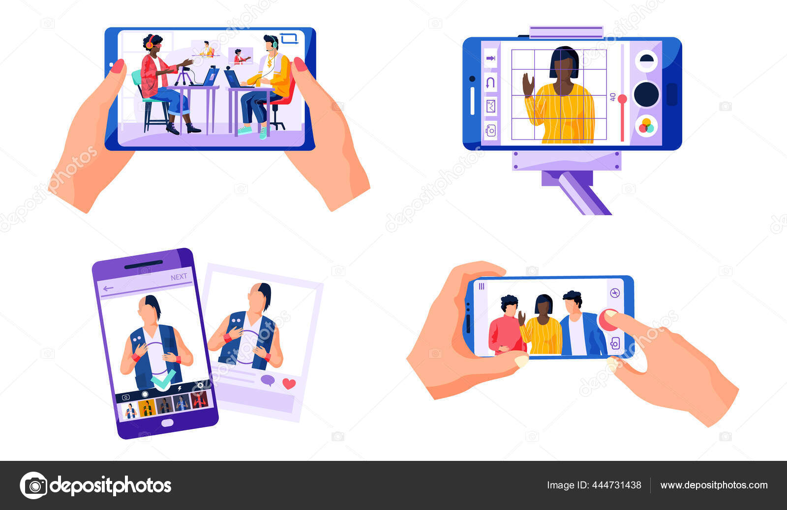 People record movie using smartphone. Set of four scenes, working with ...