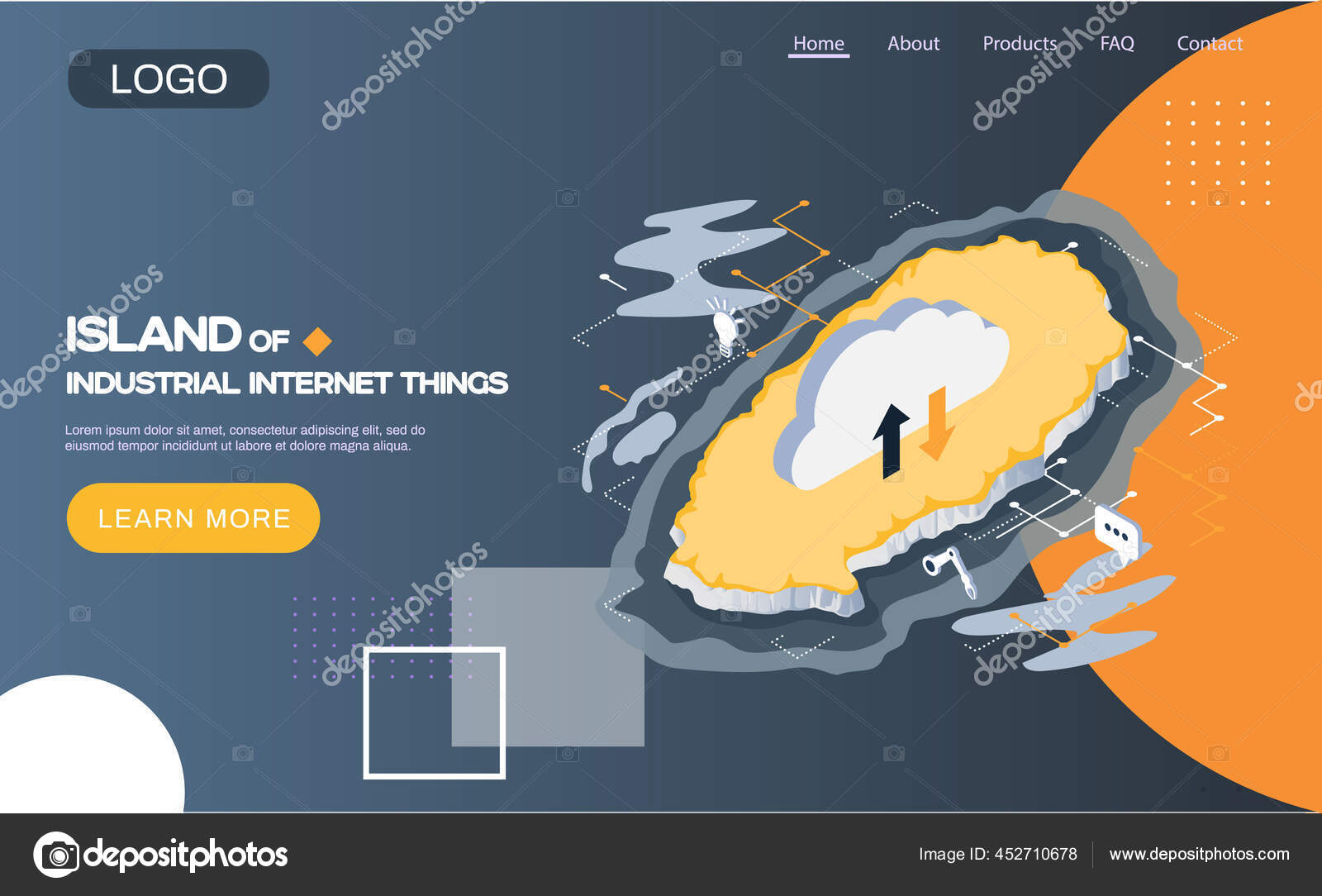 Industrial internet of things landing page template. Modern cloud technology and networking ...
