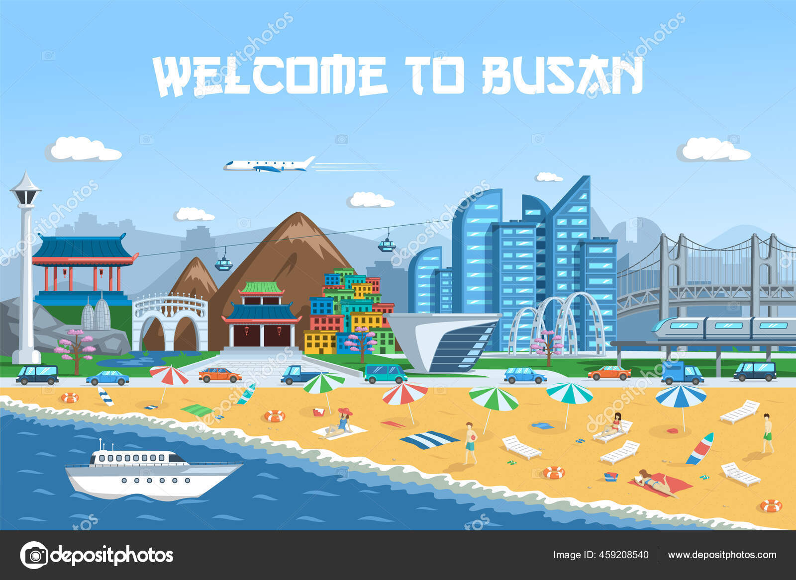Busan travel banner Vector illustration. Beautiful rope bridge and ...