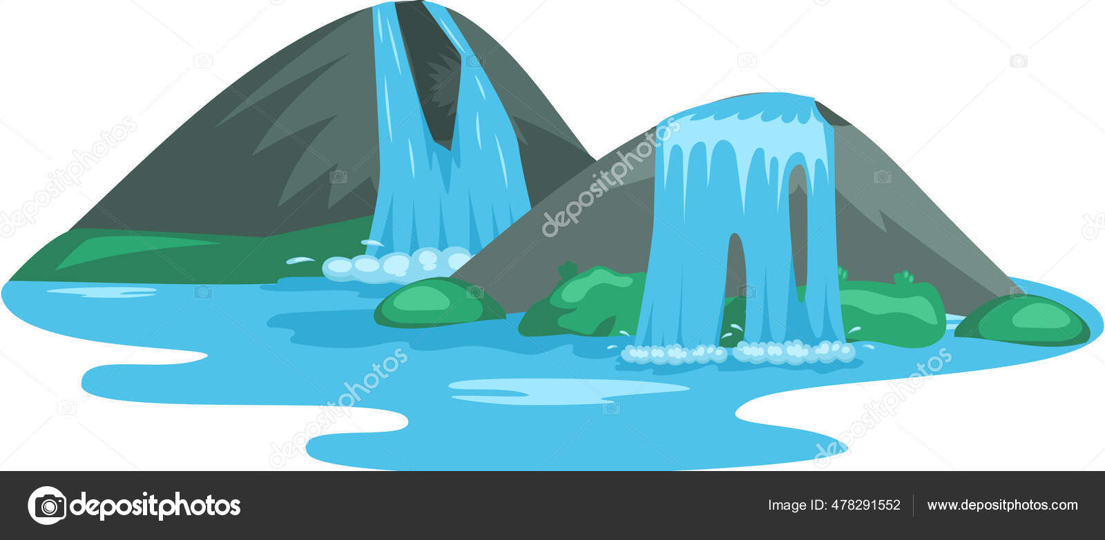 Falling water. River waterfall falls from cliff white background. Water ...