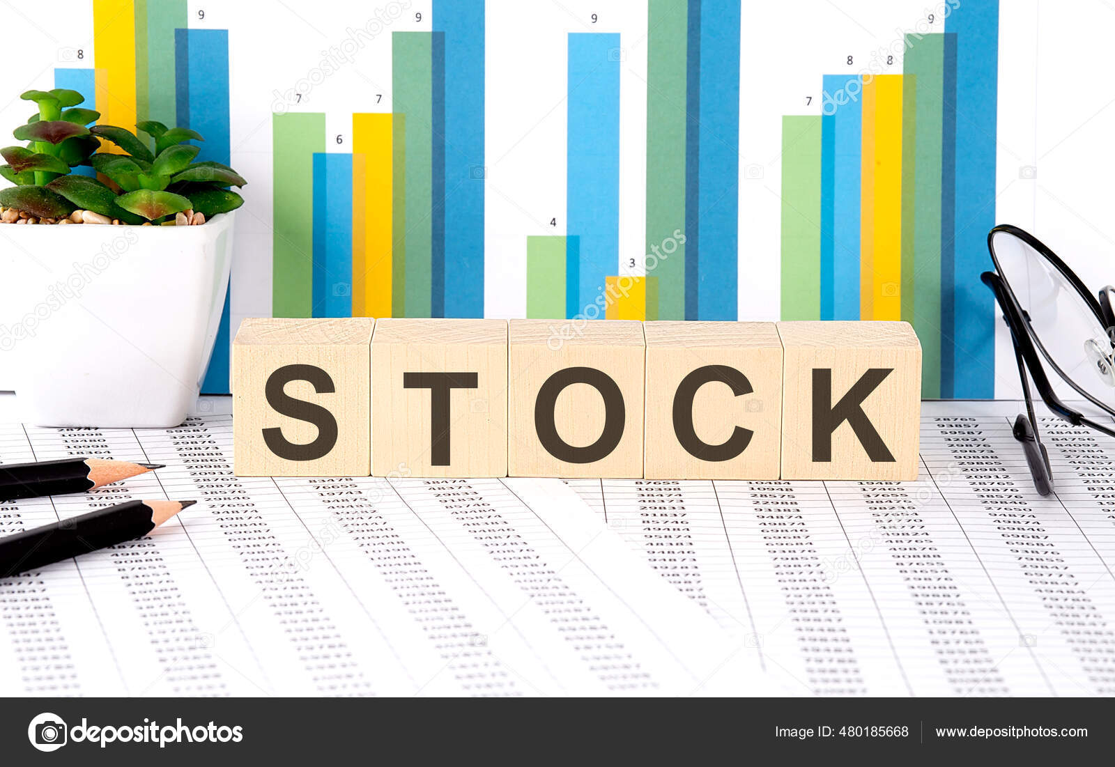 Stock Word Written Wood Block Chart Glasses Pencils — Stock Photo ...