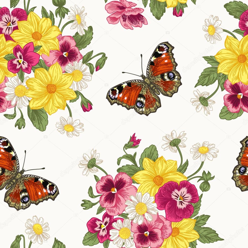 Seamless pattern with flowers and butterflies Stock Vector Image by ...