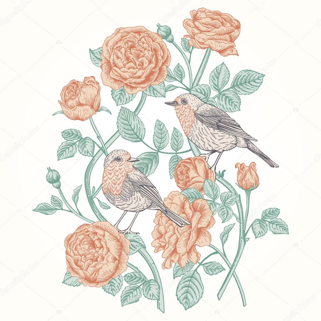 Card with roses and birds. Stock Vector Image by ©Lisla #56814041
