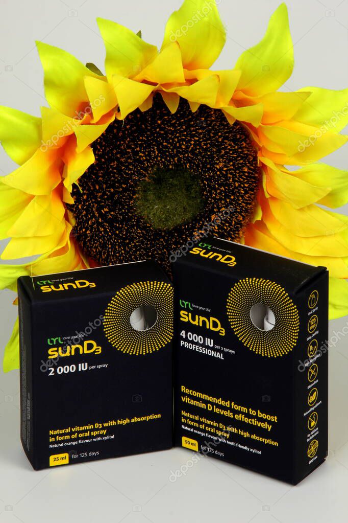 Riga, Letonia May 03, 2021: LYLsunD3 vitamin box on white background ...